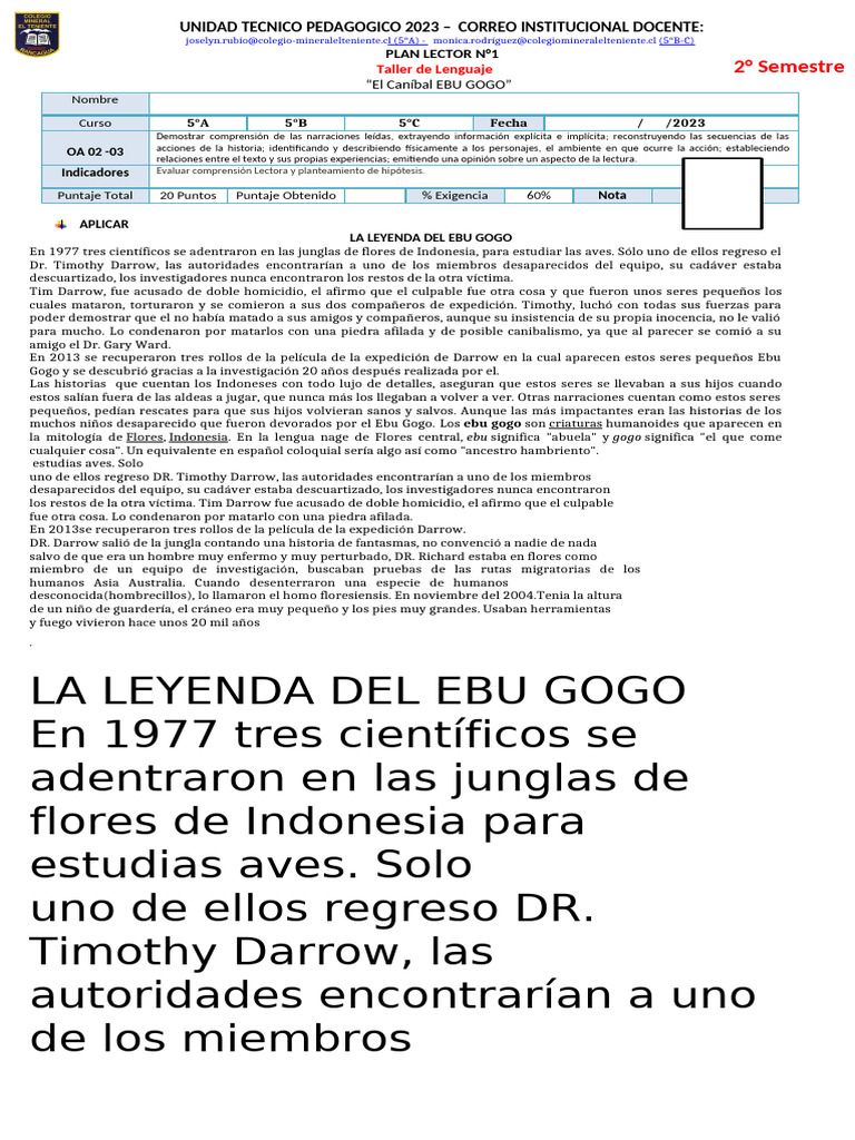 1 Plan Lector El Canival EBU GOGO 5°ABC 2° Semestre | PDF