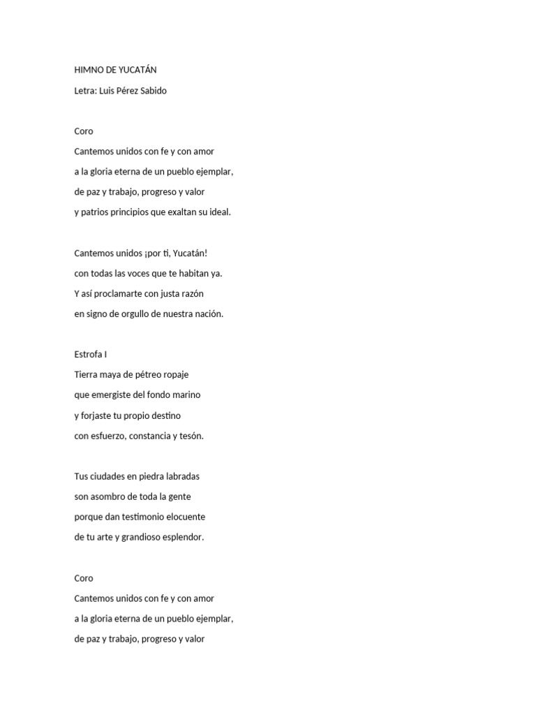 HIMNO DE YUCATÁN VERISON CORTA | PDF