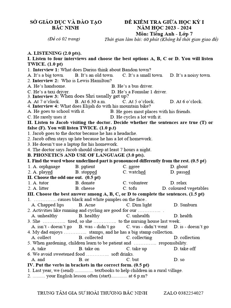Anh 7 GKI 2023-2024 ( ĐỀ + Đ.AN) | PDF | Linguistics