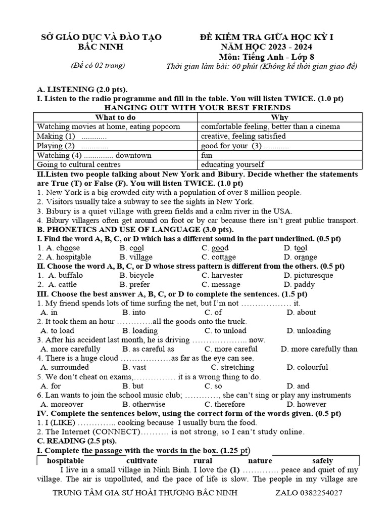 Anh 8 GKI 2023-2024 (ĐỀ + Đ.AN) | PDF
