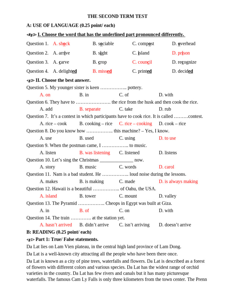 Second Term Test: Language & Reading Skills | PDF | Christmas | Linguistics