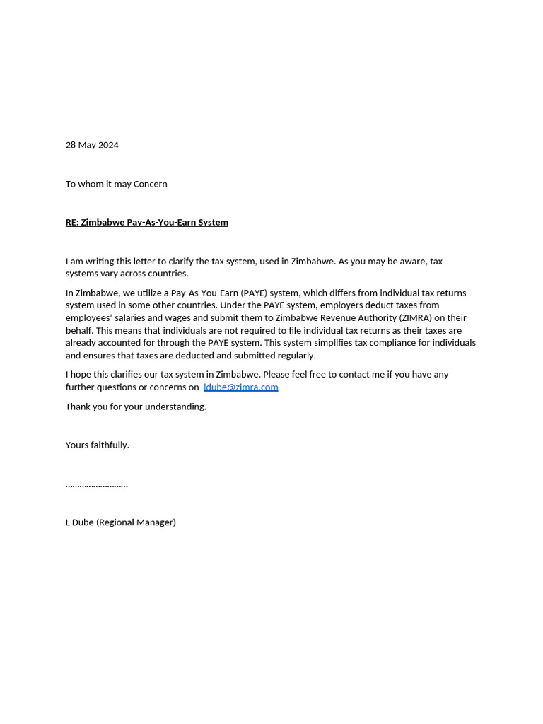 PAYE System Draft Letter | PDF