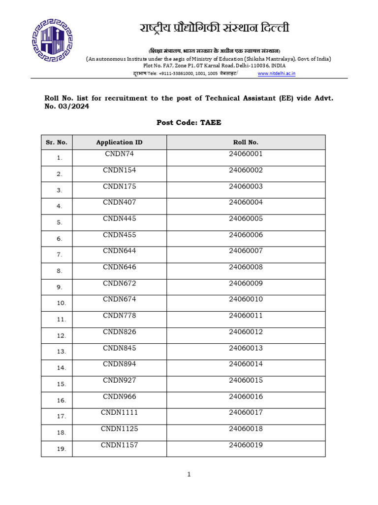 Technical Assistant Roll Numbers | PDF