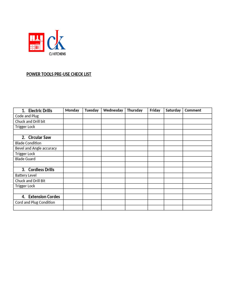Power & Hand Tools Checklist | PDF