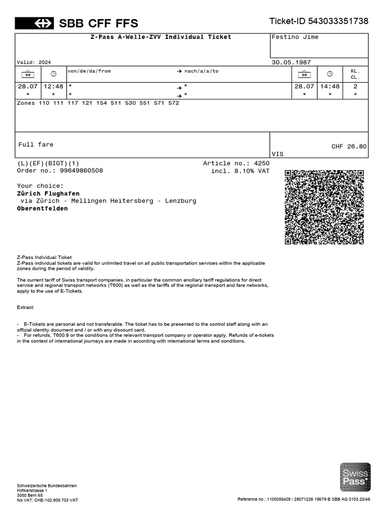 Ticket-ID 543033351738: Z-Pass A-Welle-ZVV Individual Ticket | PDF ...