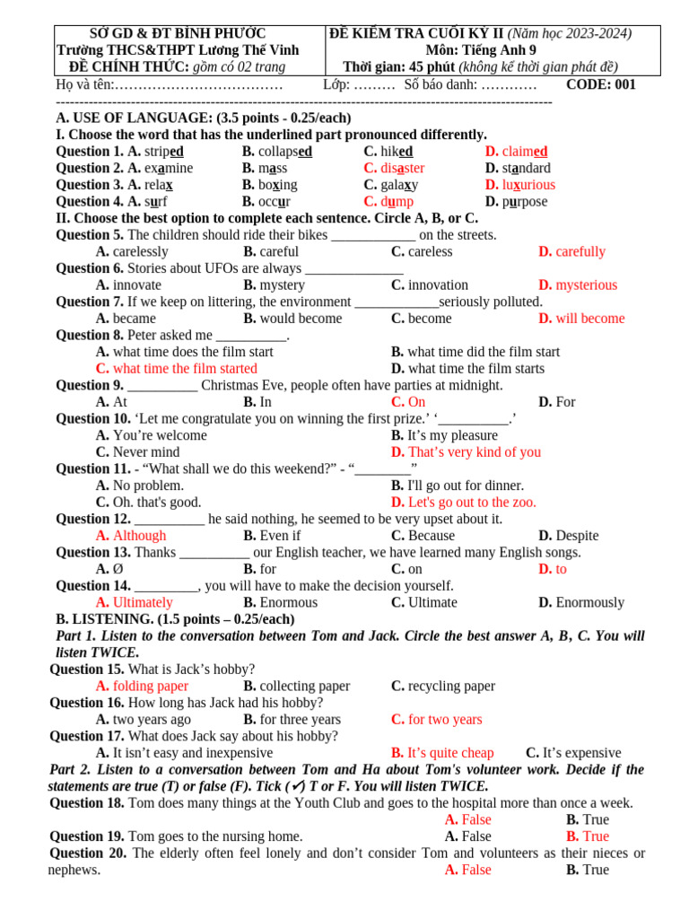 Đề kiểm tra cuối kì 2 anh 9 01 | PDF