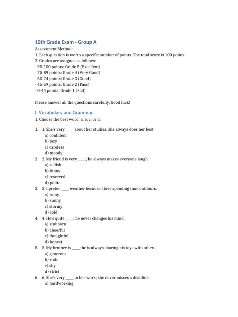 10th Grade Exam - Group A Assessment | PDF | Language Mechanics | Syntax