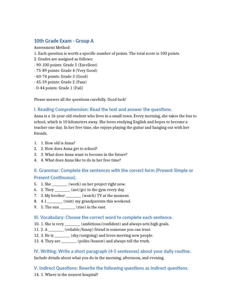 10th Grade Exam Detailed Group A | PDF