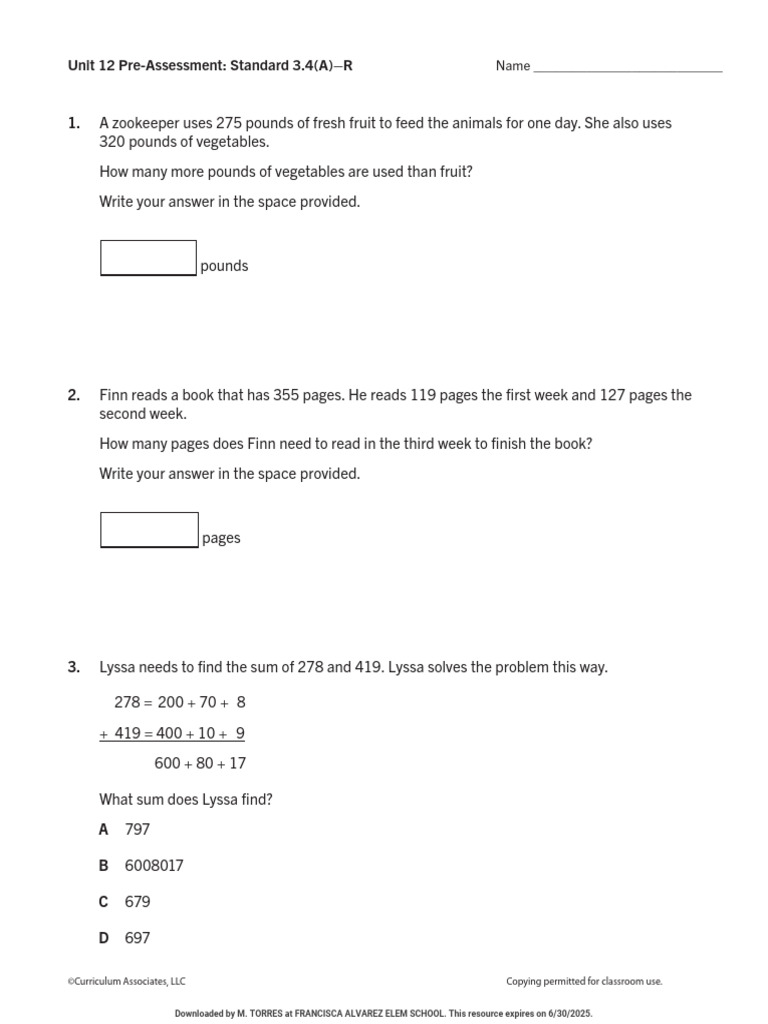 Unit 12 Math Pre-Assessment Guide | PDF
