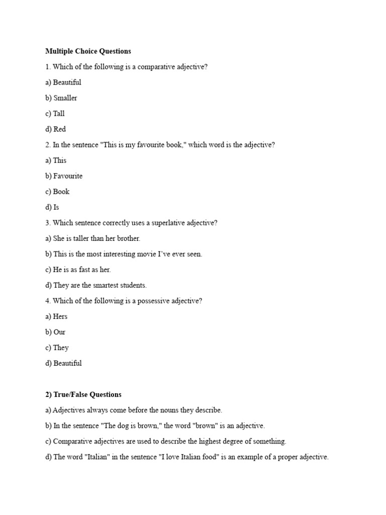 Understanding Adjectives: Quiz and Exercises | PDF | Foreign Language ...