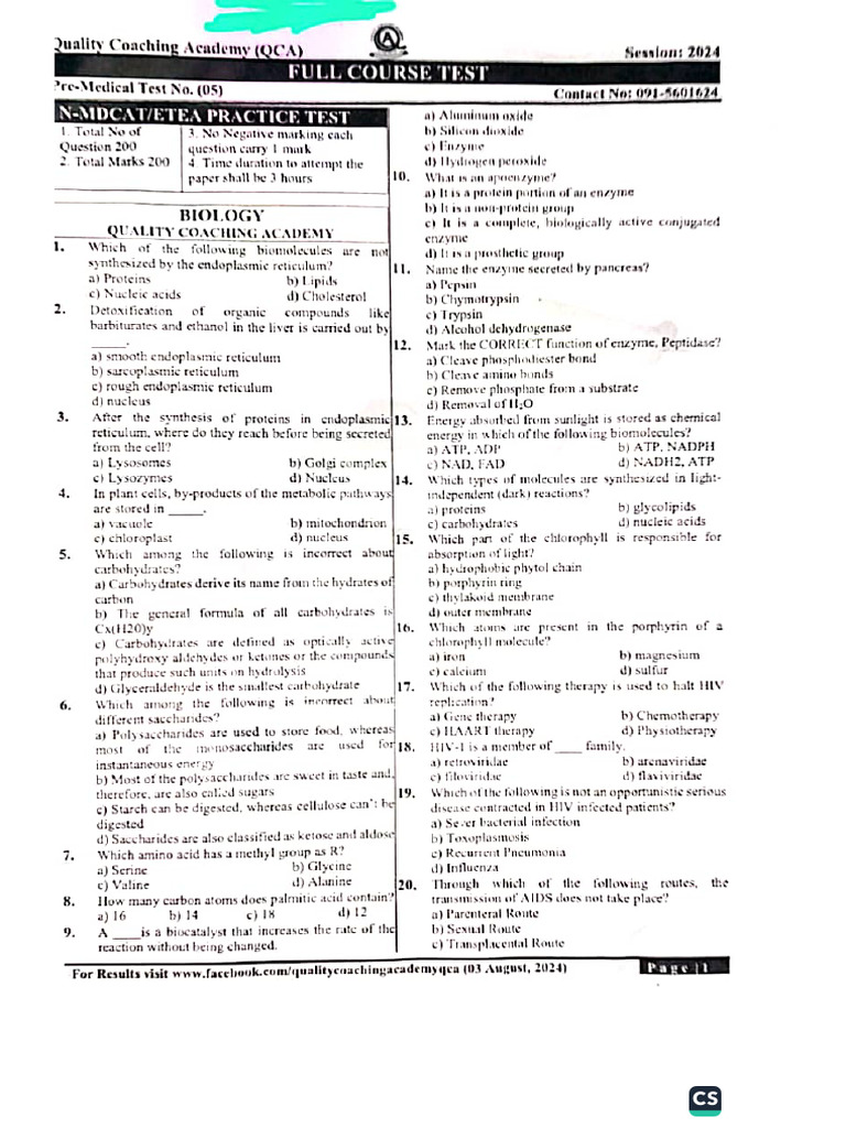 QCA Saturday Full Course Test (3rd Aug 2024) by DR Unknown | PDF