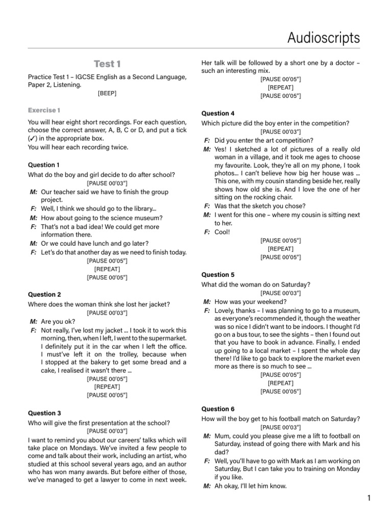 PRACTICE TESTS FOR CAMBRIDGE IGCSE ESL 1 AUDIOSCRIPTS | PDF | Plankton ...