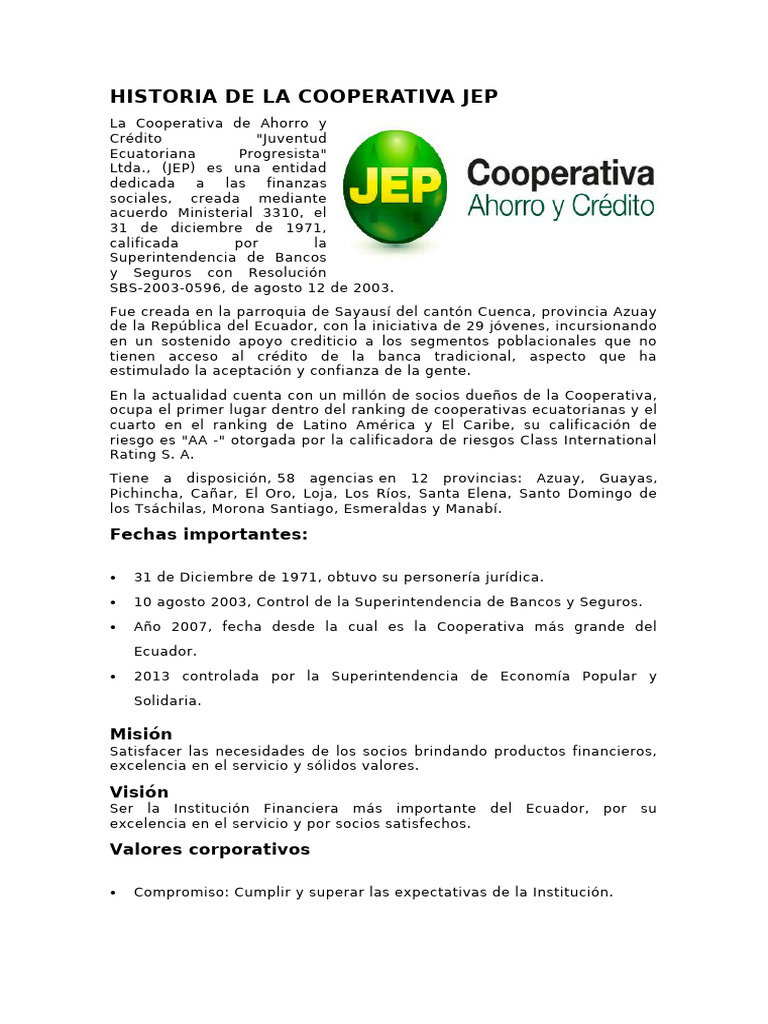 Historia de la Cooperativa JEP | PDF | Ecuador | Cooperativa