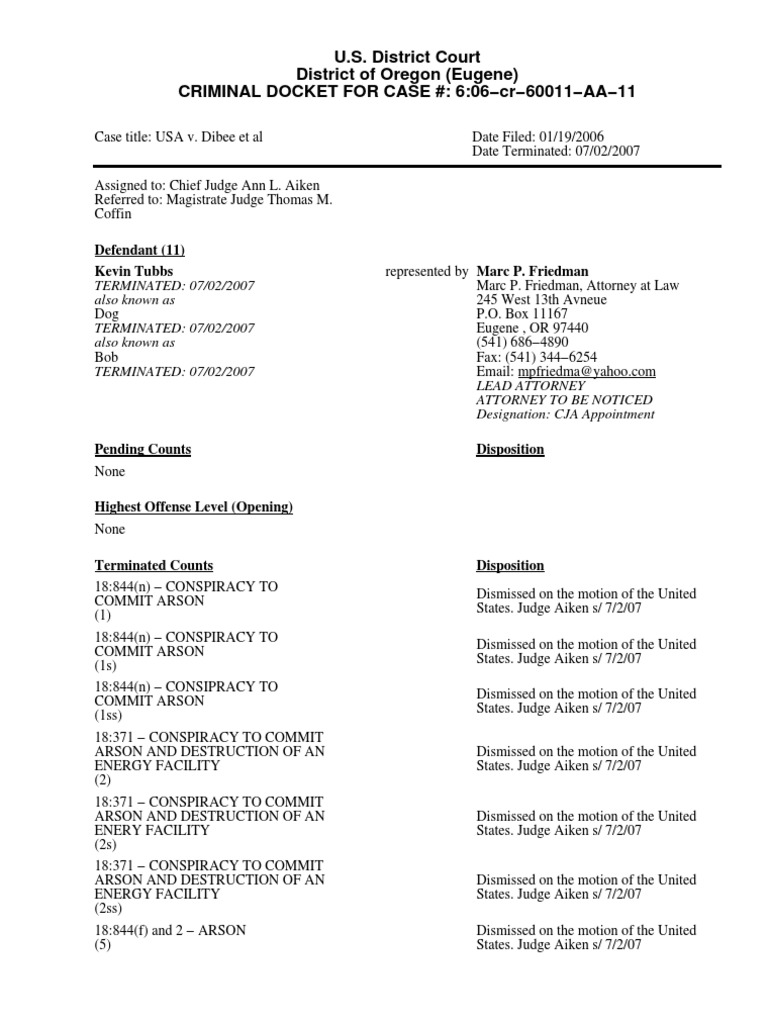 U.S. District Court District of Oregon (Eugene) CRIMINAL DOCKET FOR ...