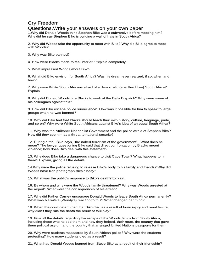Key Questions on "Cry Freedom" and Biko | PDF