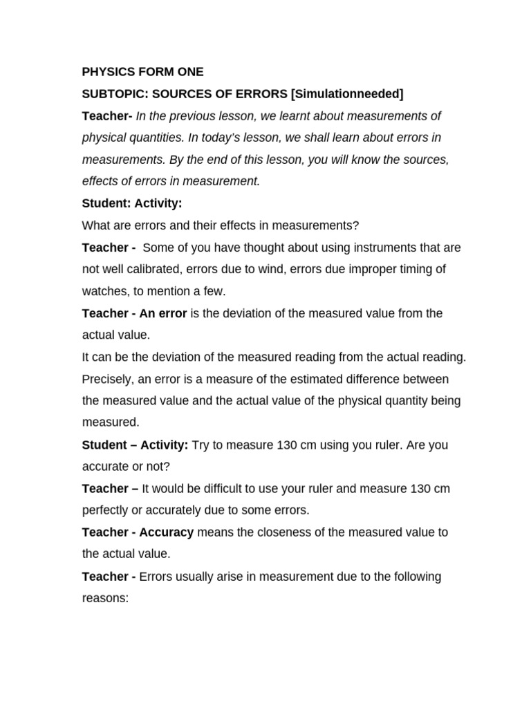 Physics Form One Sources of Errors | PDF | Science & Mathematics