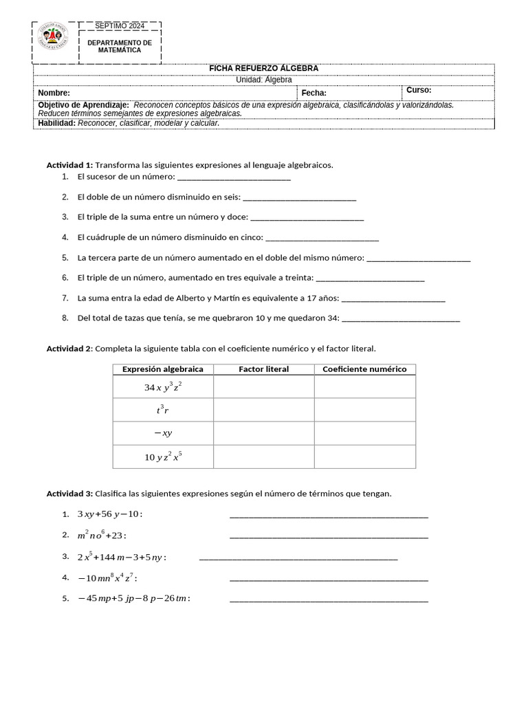 7°básico Ficha Refuerzo Álgebra | PDF | Matemáticas