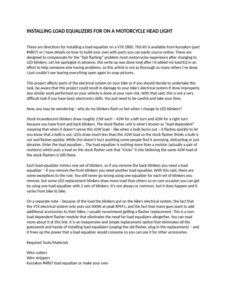 Installing Load Equalizers On A Motorcycle Head Light | PDF ...