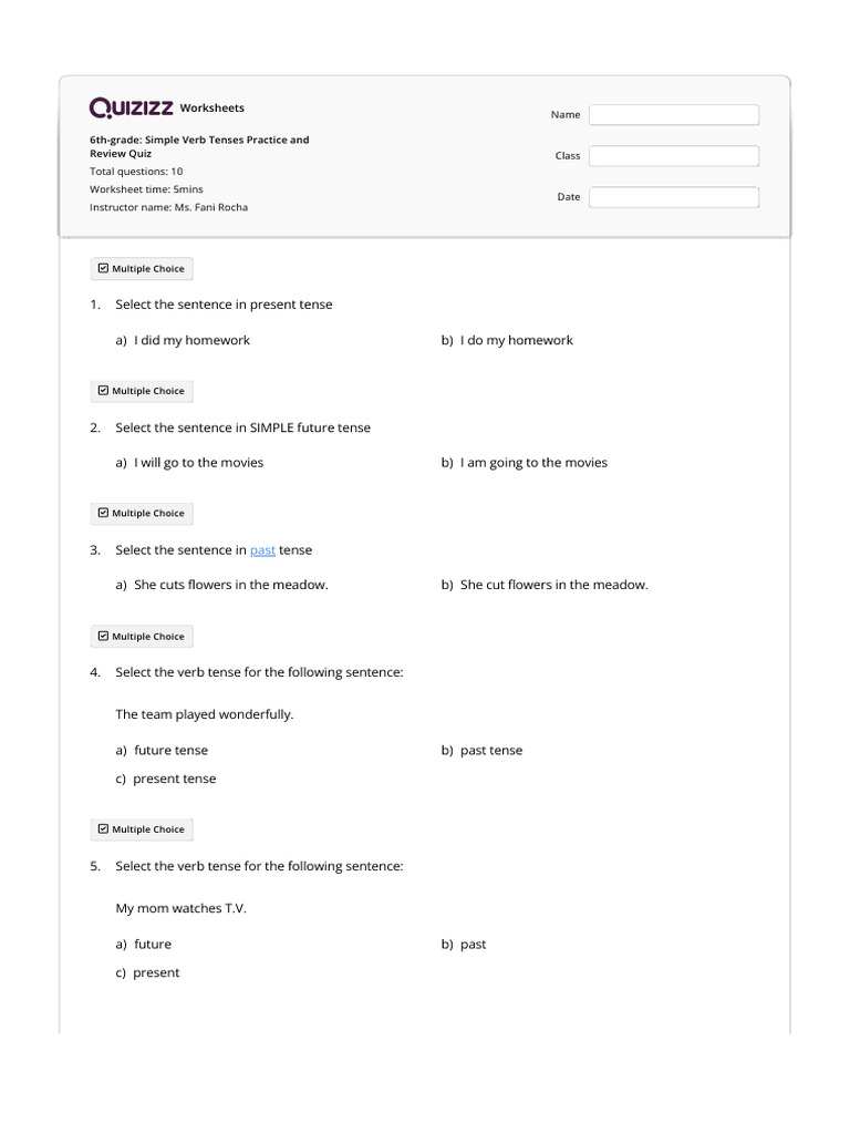 6th_grade_Simple_Verb_Tenses_Practice | PDF | Linguistic Morphology