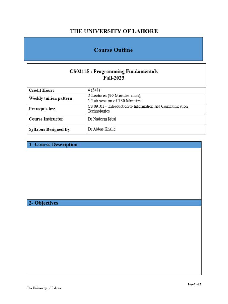 PF Course Outline | PDF | C++ | Pointer (Computer Programming) PF Course Outline | PDF | C++ | Pointer (Computer Programming)