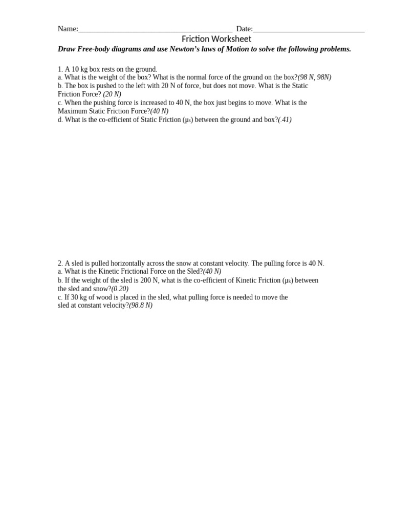 Friction Worksheet 1 | PDF | Force | Friction