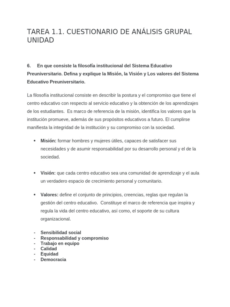 Tarea 1.1. Cuestionario de Análisis Grupal Unidad 1 | PDF