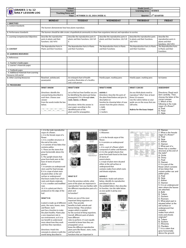 DLL - Science 5 - Q2 - W4 | PDF | Flowers | Plants