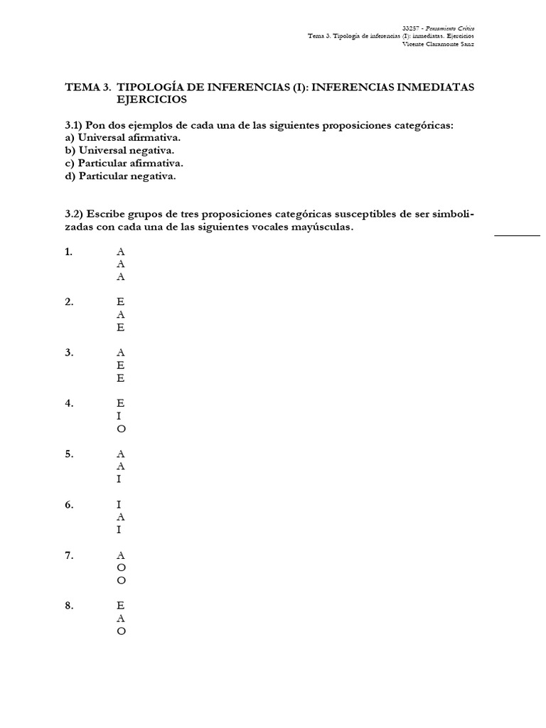 33257. PC. Tema 3. Tipología de inferencias (I). Inmediatas. Ejercicios | PDF