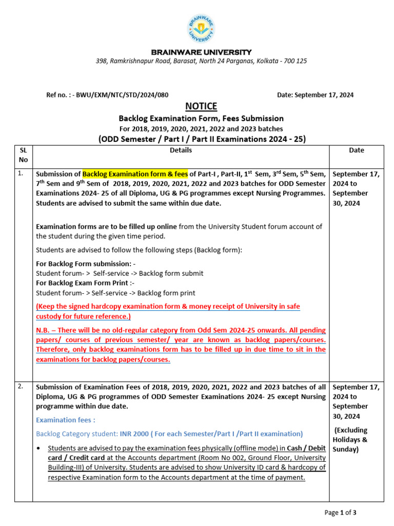 Backlog Exam Form & Fees Submission of Odd Sem Exam 2024 - 25 | PDF | Payments | Banks