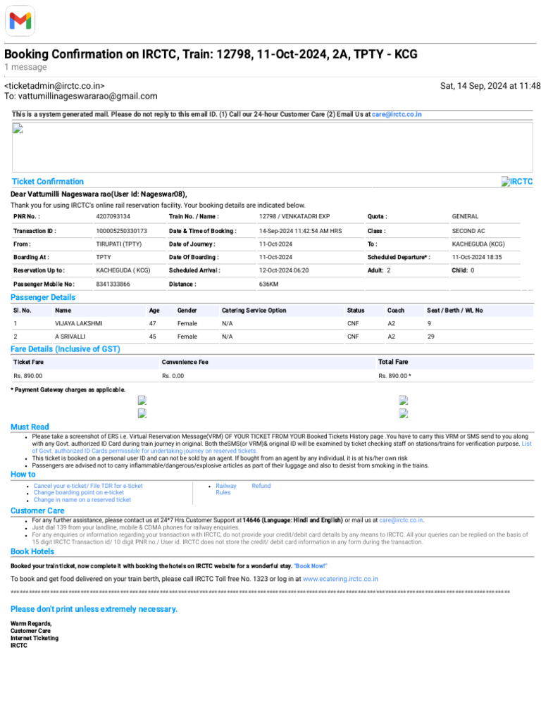 Gmail - Booking Confirmation On IRCTC, Train - 12798, 11-Oct-2024, 2A, TPTY - KCG | PDF ...