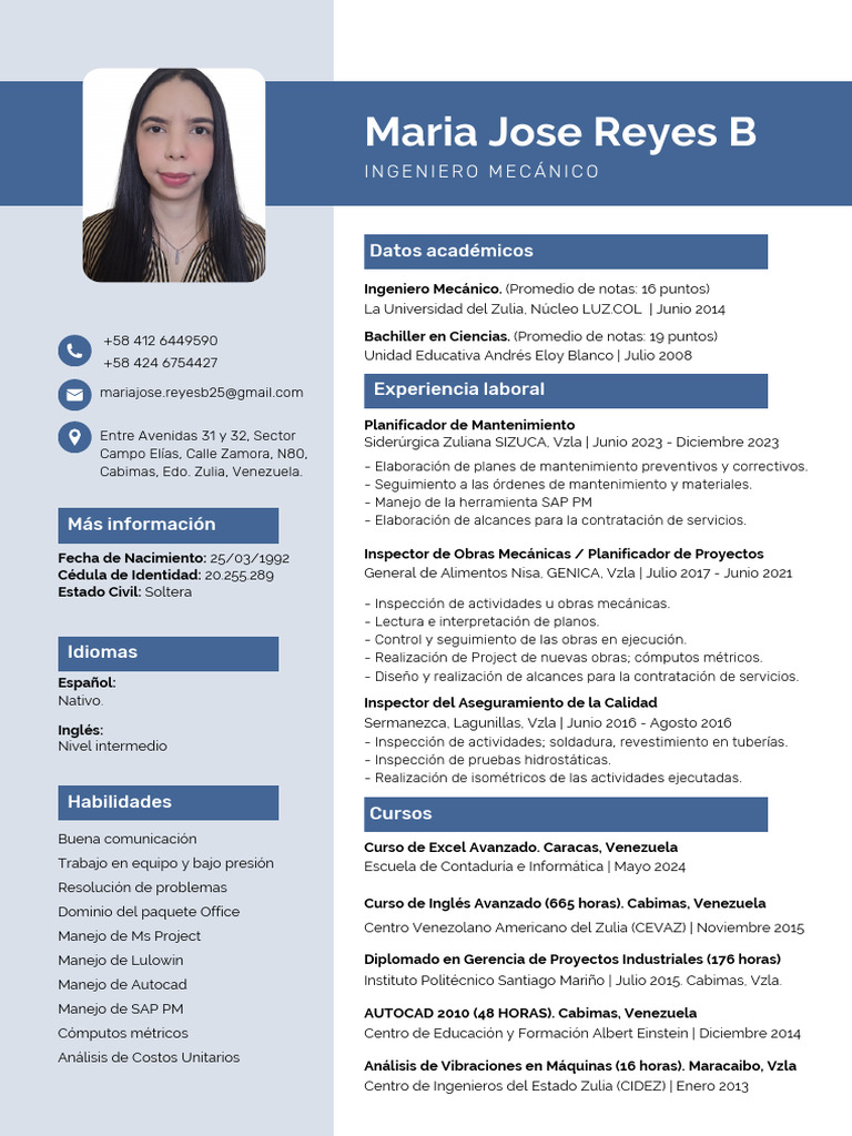 Currículum Maria Jose Reyes Cabimas | PDF | Venezuela | Ingeniería