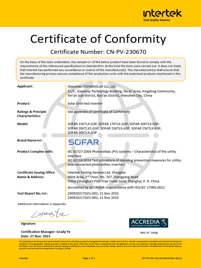 SOFAR 15-30KTLX-G3P - Certificate - IEC 61727, IEC 62116 - 2023-11-27 ...