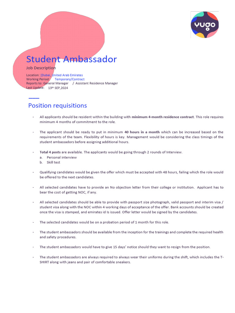 Yugo Student Ambassador Application Process1 Sep 2024 | PDF | Travel Visa