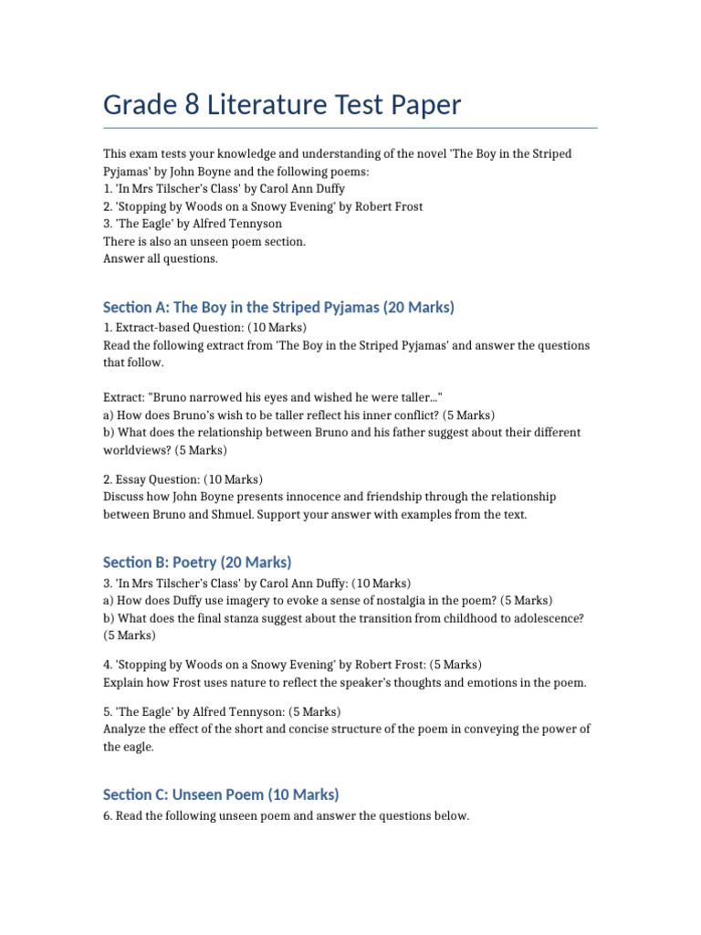 Grade 8 Literature Test Overview | PDF
