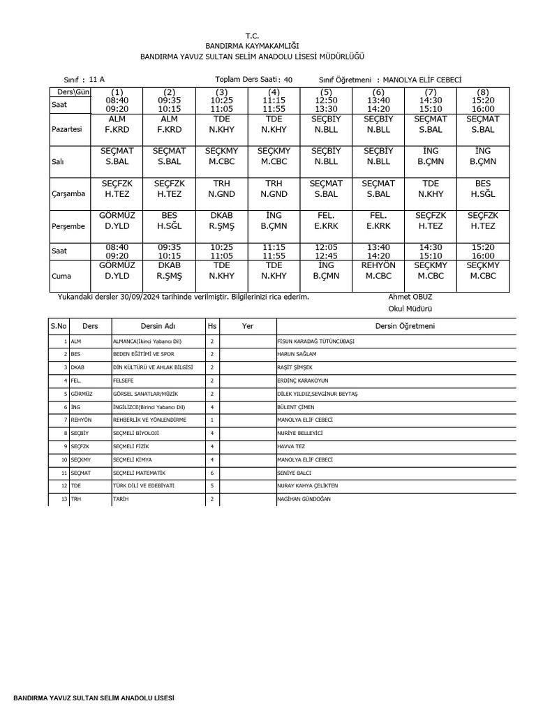 Siniflar Ders Programi | PDF