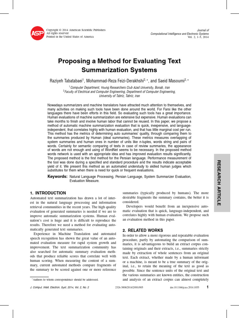 Proposing A Method For Evaluating Text Summarization Systems Pdf