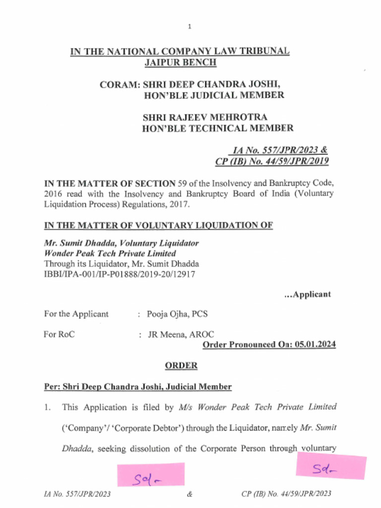 NCLT Dissolution Order-Wonder PeaK 05012024 | PDF