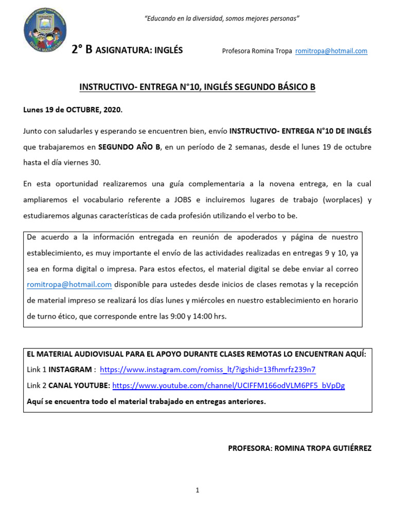 Instructivo Inglés N°10 Segundo B | PDF