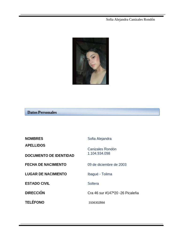 Sofia Hoja de Vida 0. - 120307 | PDF