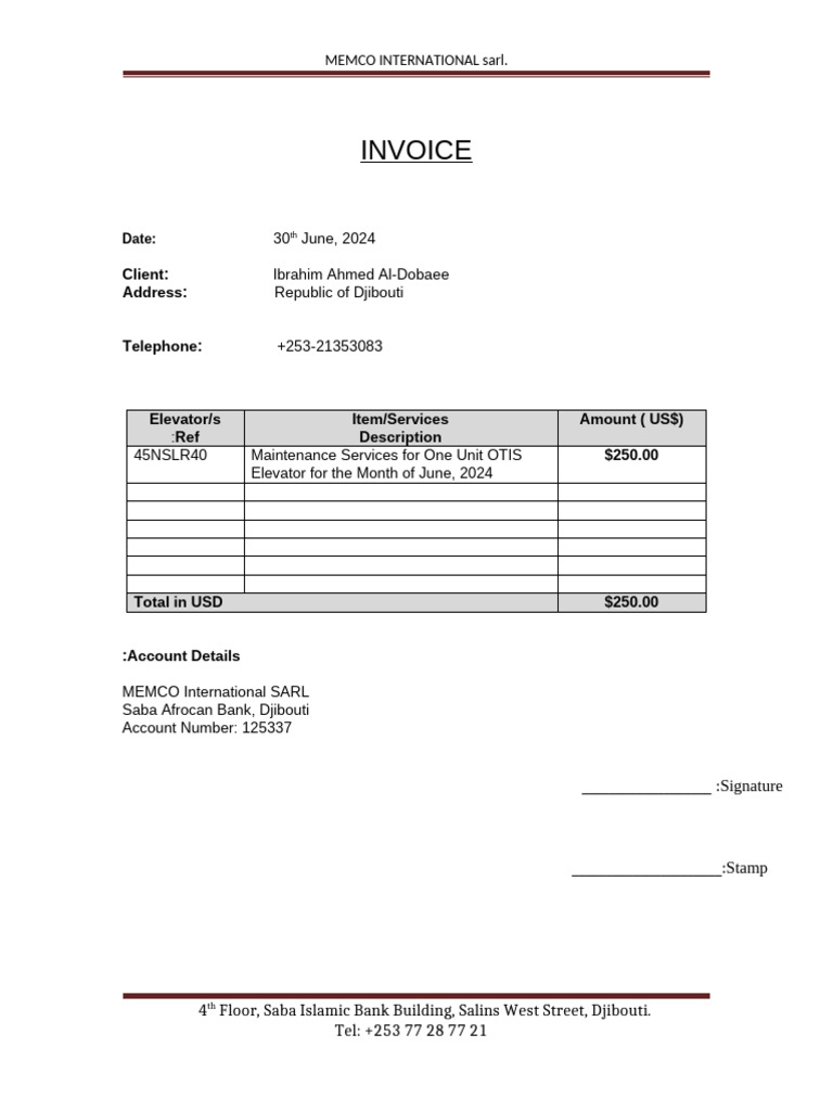 MEMCO International Invoice - June 2024 | PDF | Finance & Money Management