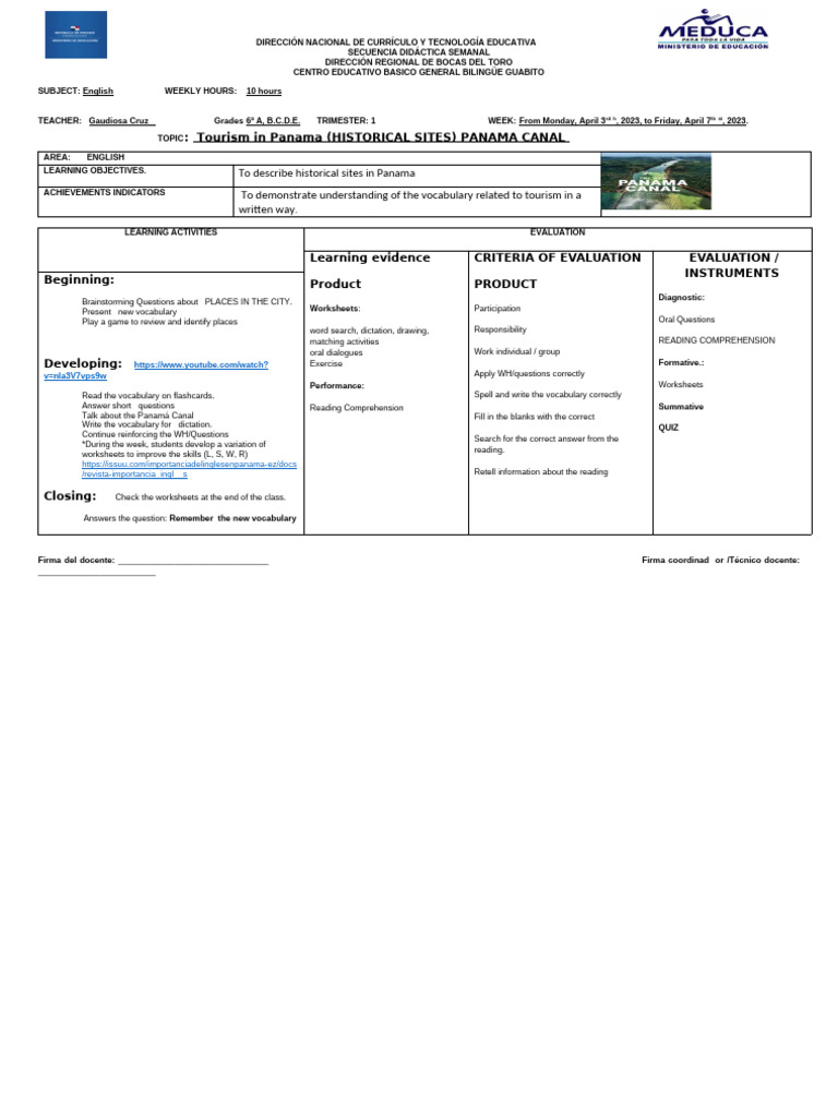 Weekly English Lesson Plan: Tourism in Panama | PDF | Vocabulary ...