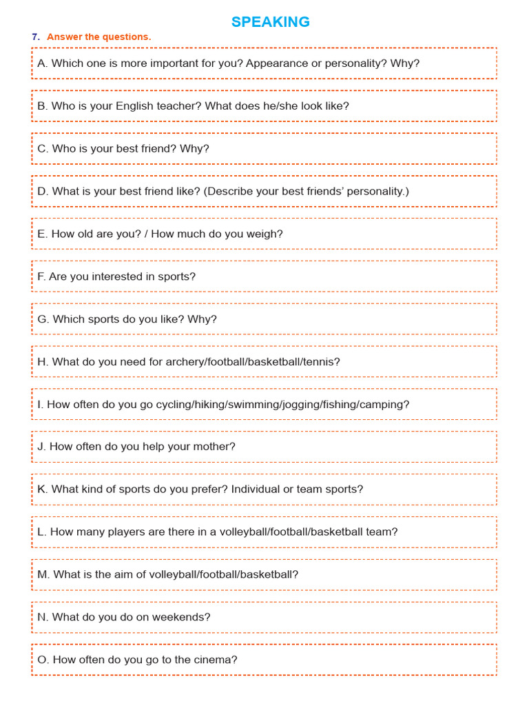Grade 7 English Speaking Test Questions | PDF