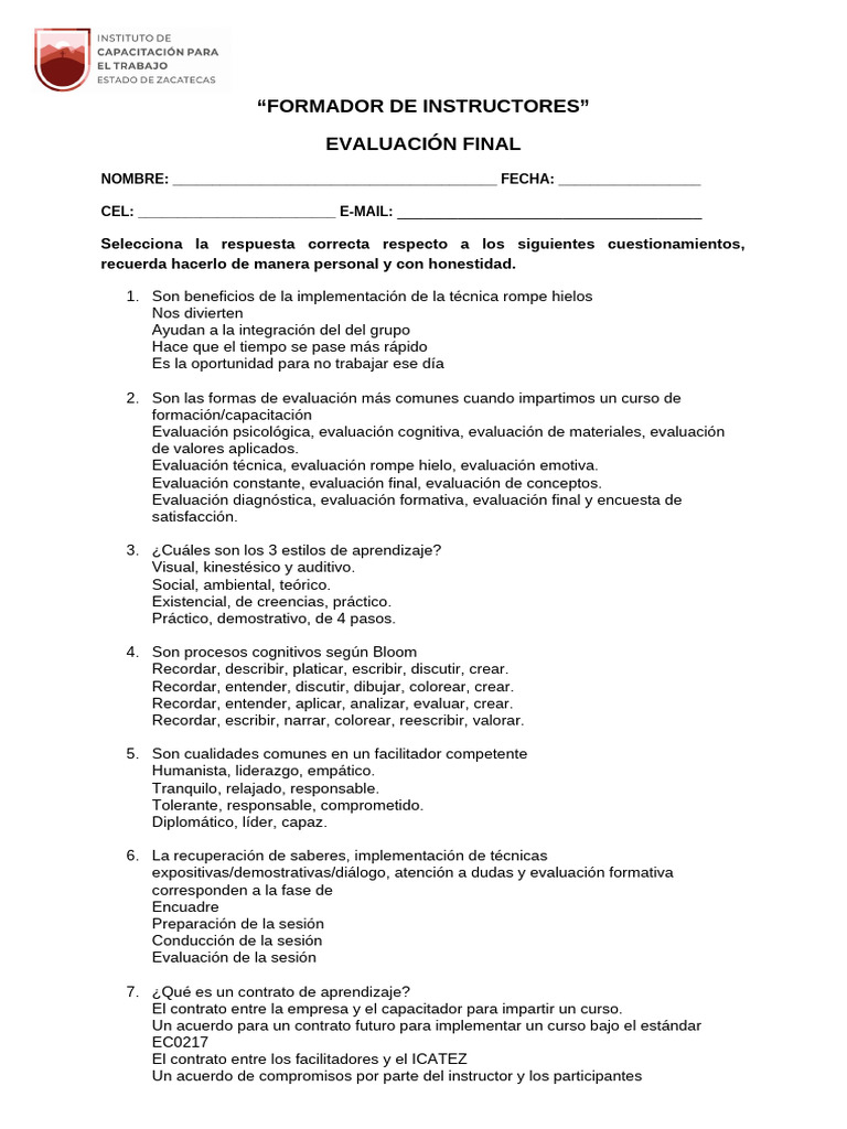 Evaluación Final para Formadores de Instructores | PDF | Evaluación ...