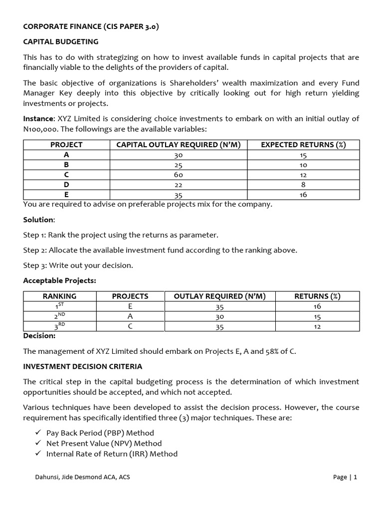 Corporate Finance Lecture Note | PDF | Capital Budgeting | Net Present Value