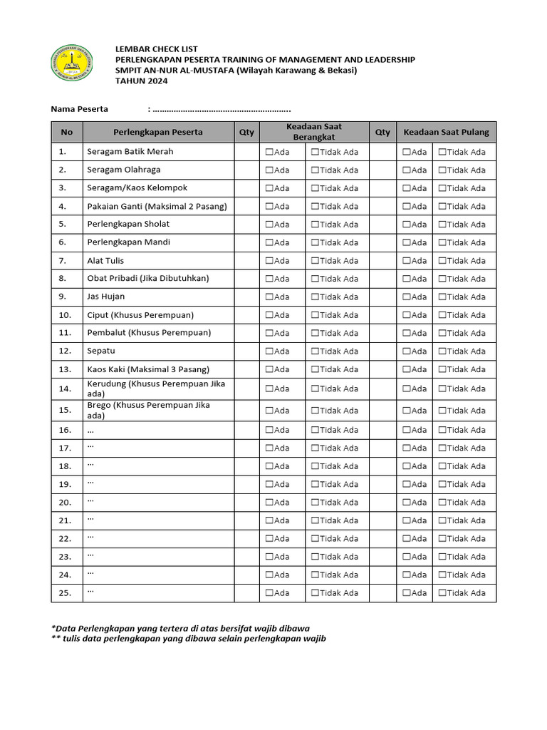 Checklist Barang Bawaan Peserta | PDF