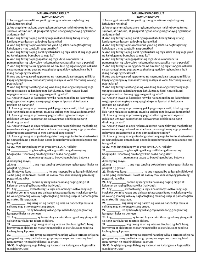 Mahabang Pagsusulit Sa Komunikasyon | PDF