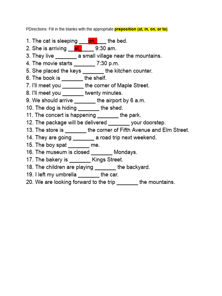 Preposition Fill-in-the-Blank Exercise | PDF