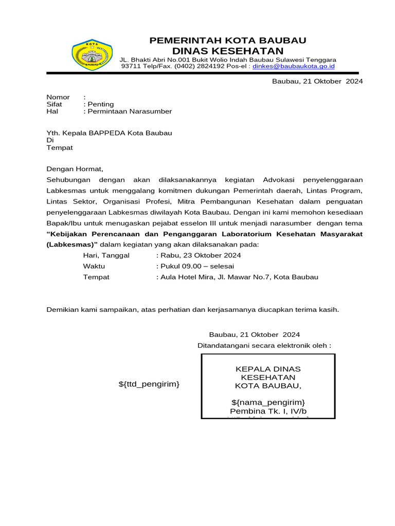 Surat Narsum Advokasi Labkesmas Bappeda | PDF