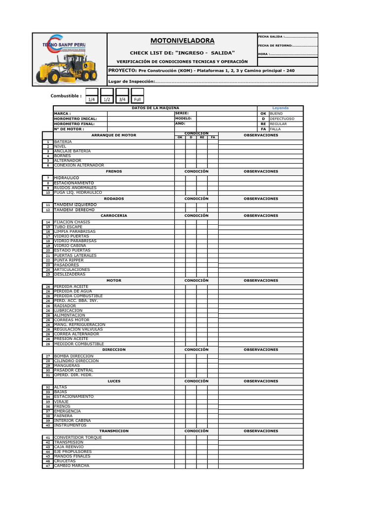 CHECK LIST D- MOTONIVELADORA | PDF | Vehículos terrestres | Vehículo de motor