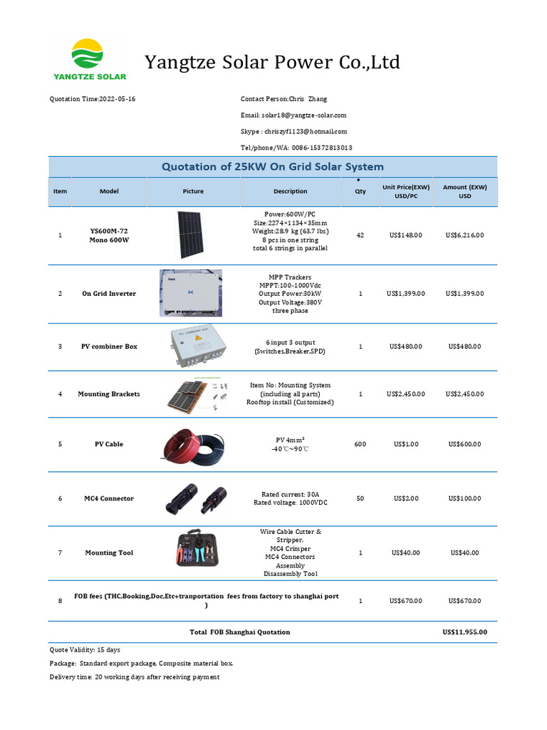 Yangtze 25kw On Grid Solar System Quotation 2022-05-16 | PDF ...